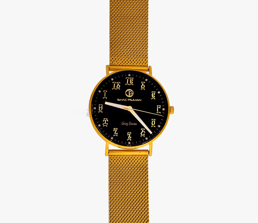 Ge'ez Lady Elegance's 5 ATM Quartz Watch (Black Face/ Yellow Gold Stra